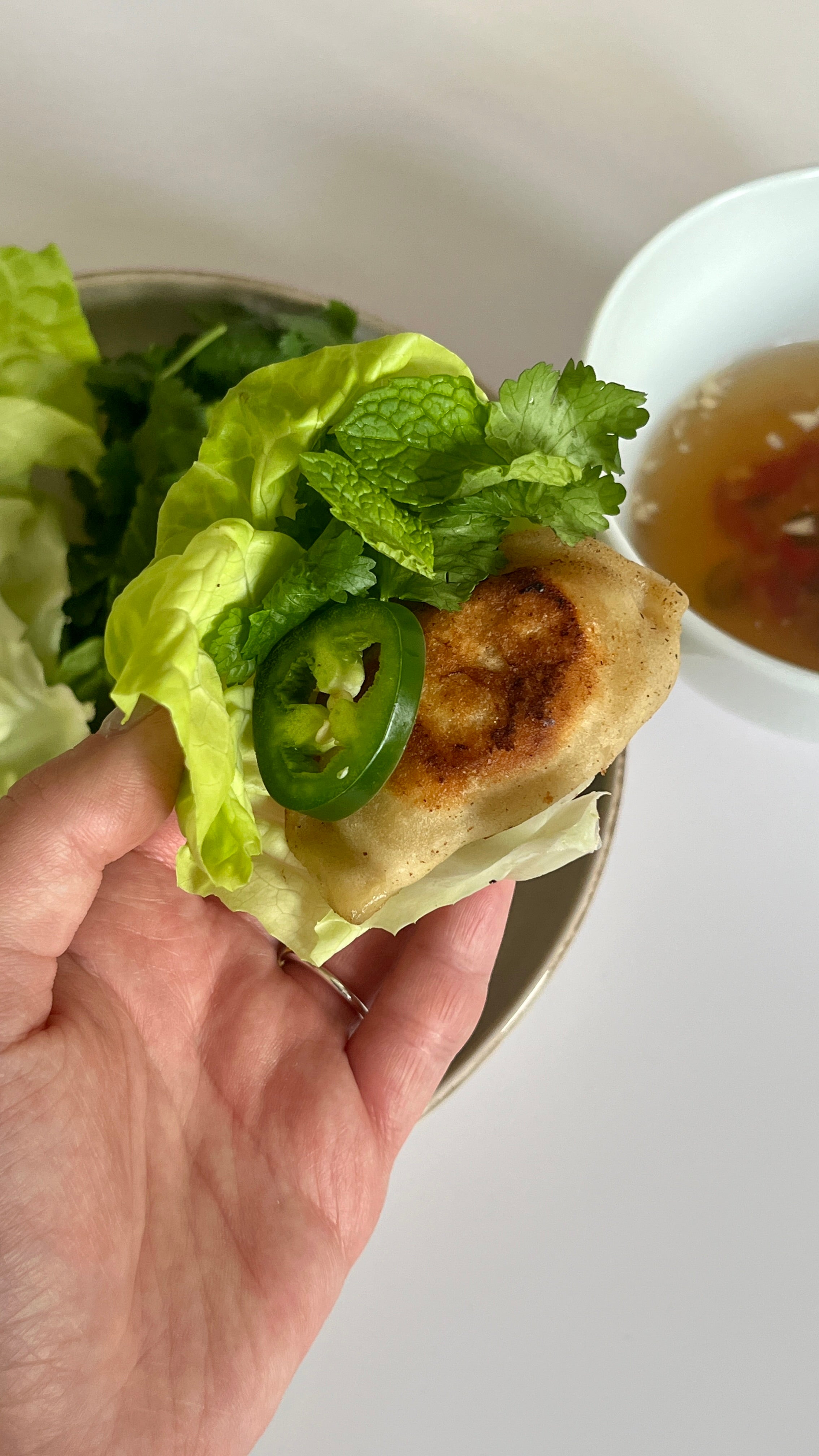 Dumpling Lettuce Wraps with Vietnamese Dipping Sauce